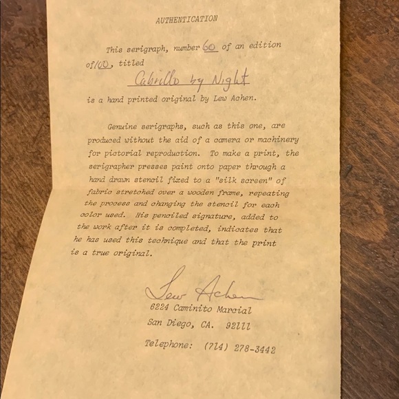 Vintage | Wall Decor | Cabrillo By Night Signed Lew Achen 98 Serigraph ...